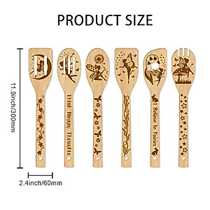 GLOBLELAND 6Pcs Elves Bamboo Cooking Utensils Wooden Engraved Cooking Spoons Set Carving Kitchen Bamboo Spatula Set Wood Cooking Spoon for Kitchen House Warming Gift