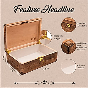 Burned Storage Keepsake Box with key locking - Wooden Storage Box with Chamois Leather Lining - Large Gift Box with Hinged Lid - Wood Decorative Storage Box with Lid (Burned)
