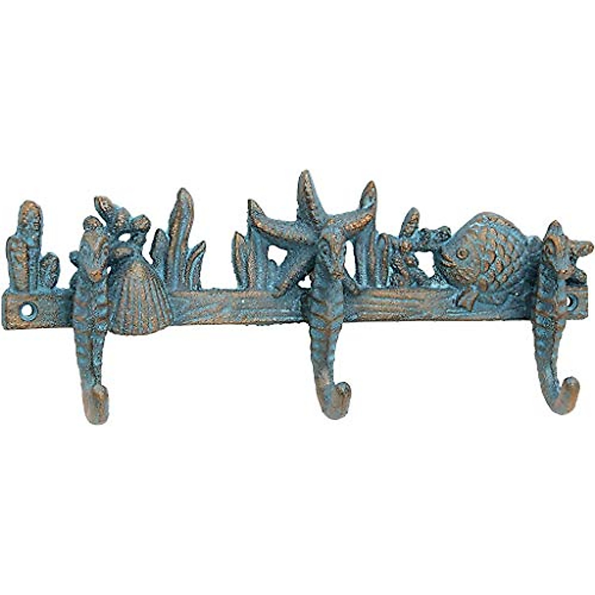 Stonebriar Decorative Cast Iron Seahorse Wall Hook Row, 11.2”, Turquoise
