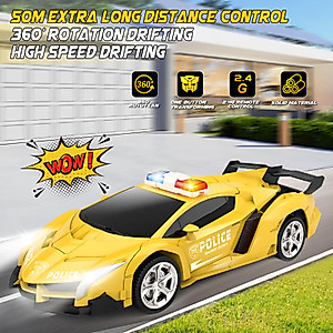 Britik Transform Remote Control Car - Rc Cars, One-Button Transforming, 360° Rotation Drifting, 2.4ghz 1:18 Scale, Gift Kids Aged 4-6 Year Old Boys/Girls, Police Car Yellow