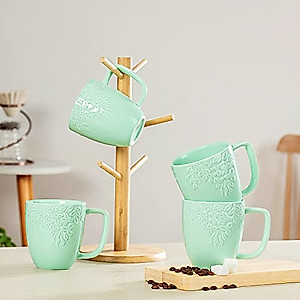 toptier Coffee Mugs Set of 4, 16 Ounce Ceramic Mug Coffee Mugs with Large Handle for Men, Women, Leaf Design Coffee Cups Gift for Coffee, Tea, Milk, Cocoa, Cereal, Green