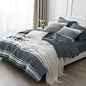 PHF 7 Pieces California King Comforter Set, Striped Bed in A Bag, Charcoal Grey White Bedding & 18" Deep Pocket All Season, Ultra Soft Bedding Sets with Comforter, Sheets, Pillowcases & Shams