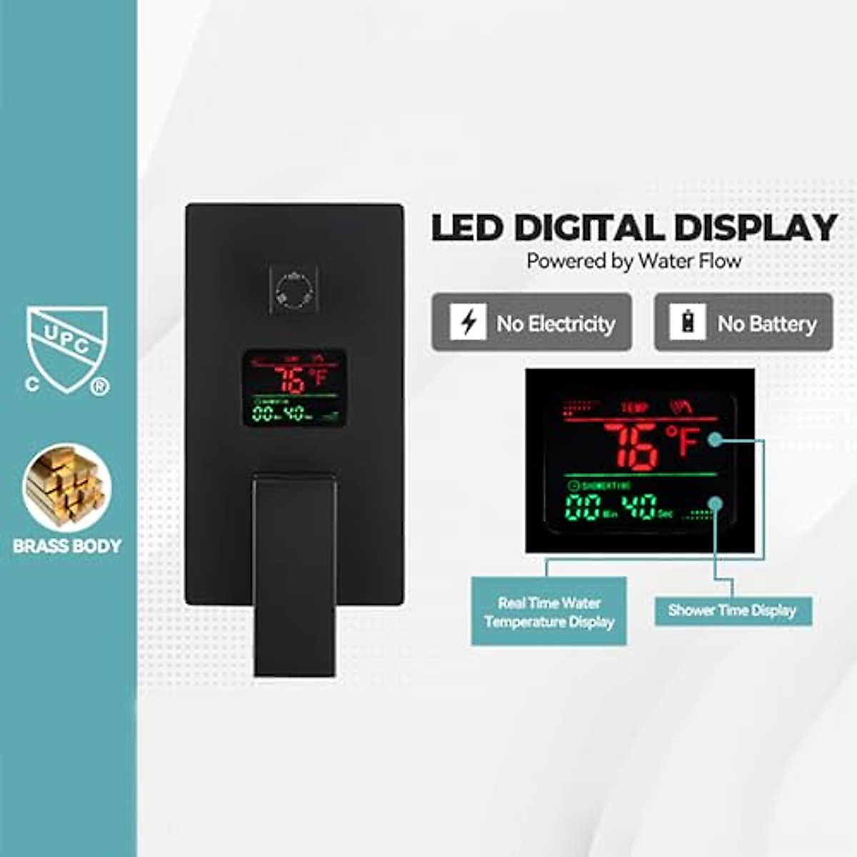 MONDAWE 12 IN Luxury Rain Mixer Combo System with 6-Jet and Handheld Spray, Wall Mounted Led Digital Display for 3-Spray Patterns, Matte Black