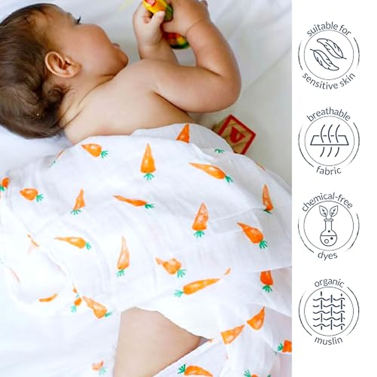 Malabar Baby Hypoallergenic Baby Swaddle Blanket, Soft Organic Cotton Muslin 47 X 47 inch Large Receiving Blanket for Unisex, Carrot