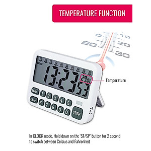 Multi-Functional Digital Alarm Clock with 10 Alarm Settings, Countdown & Count up Kitchen Timer with Magnetic, Temperature Display, Reminder, 2 AAA Batteries Operated (Not Included)