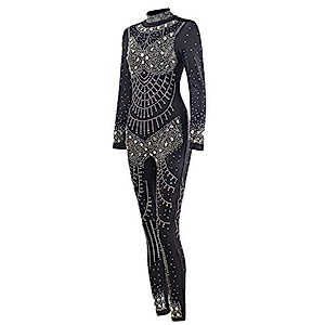 Sedrinuo Women Club Outfits Long Sleeve Bodycon Jumpsuits High Neck Sparkly Rhinestone Romper