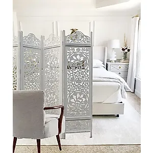 COTTON CRAFT Room Divider Wood Floor Screen - Kamal Antique White 4 Folding Panel 72x80 - Portable Reversible Functional Decorative Partition - Reversible Boho Freestanding Small Spaces Privacy