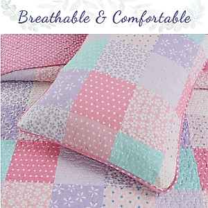 Cozy Line Home Fashions Angelina Floral Dot Pink Light Purple Blue 100% Cotton Reversible Girl Quilt Bedding Set, Bedspread, Coverlet (Twin - 2 Piece)