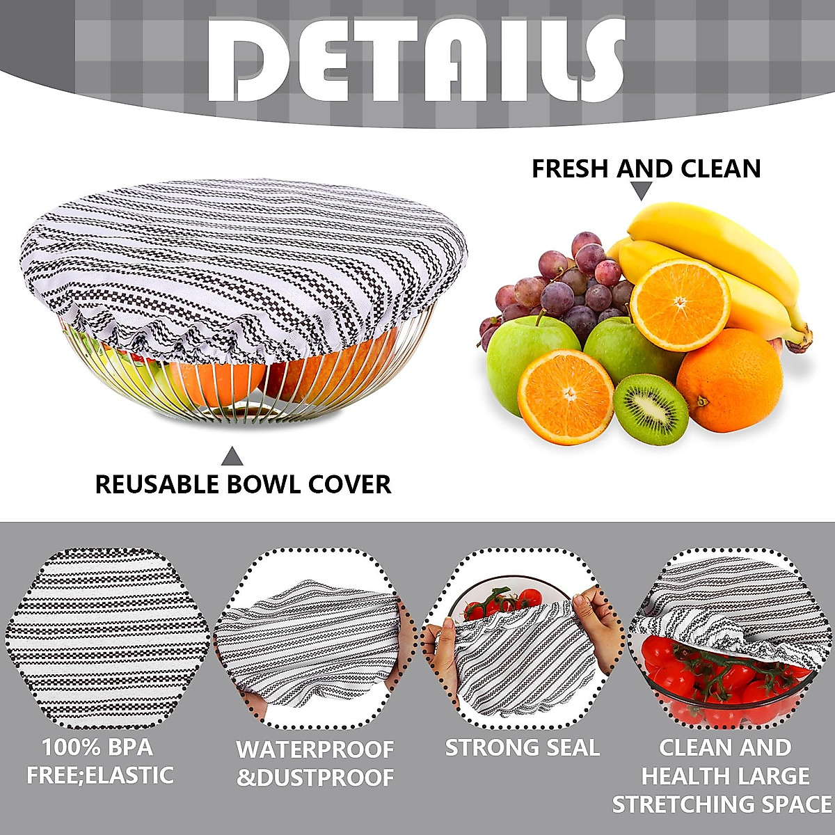 Whaline 10Pcs Bowl Covers Reusable In 5 Size Stretch Cloth Fabric Dish Cover Farmhouse Plaid Gray Ticking Stripe Lids for Food Fruits Leftover Storage