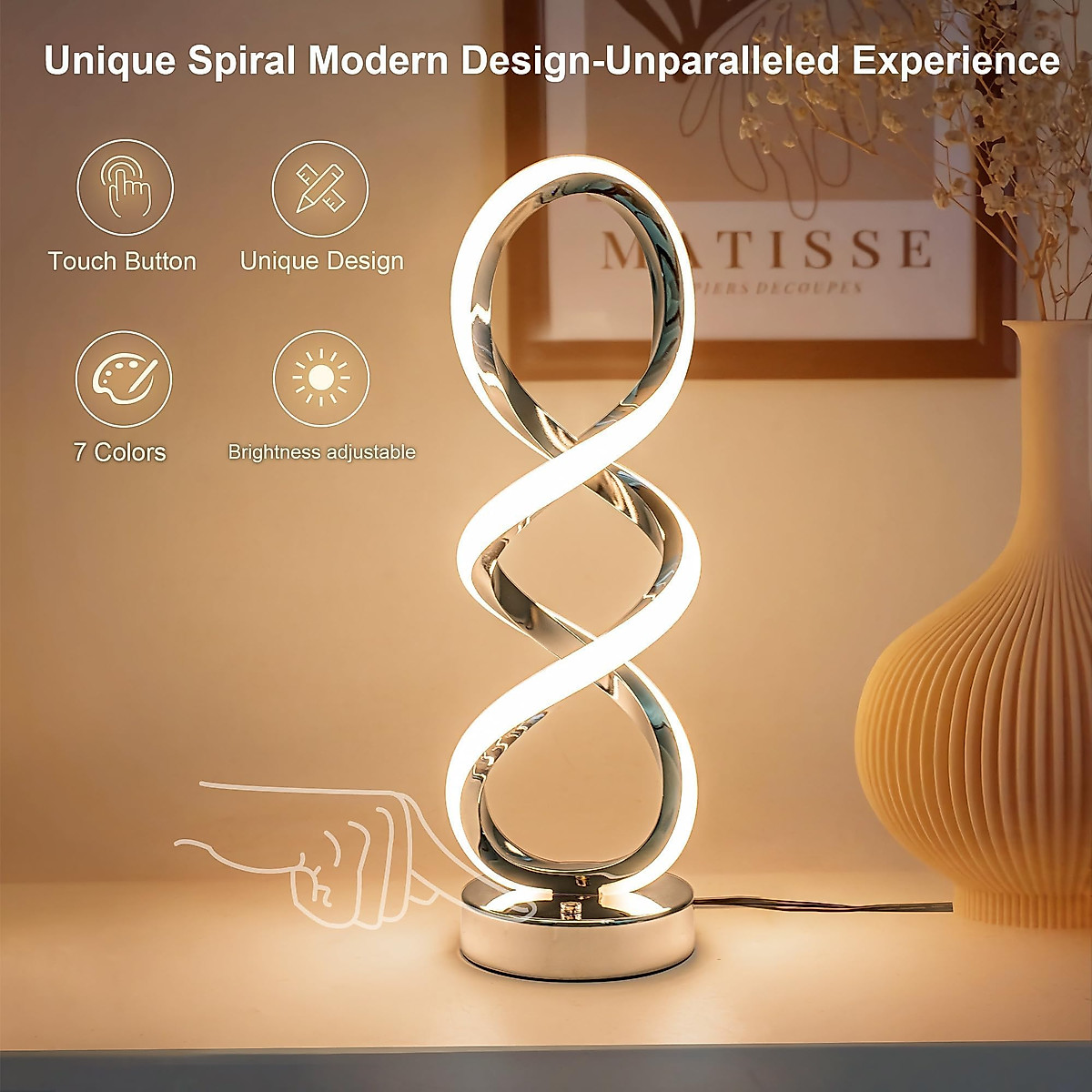 Adebime Modern Spiral RGB Table Lamp, Touch Dimmable Bedside Lamp, 7 Colors 10 Light Modes Spiral Design Table Lamp, Unique Nightstand Lamp for Living Room, Bedroom, Cool Lamps