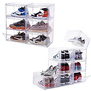 Attelite 8 Pack Large Drop Front Shoe Box +6 Pack Large Side Open Clear Plastic Shoe Storage Box, Stackable Shoe Containers Display Sneakers