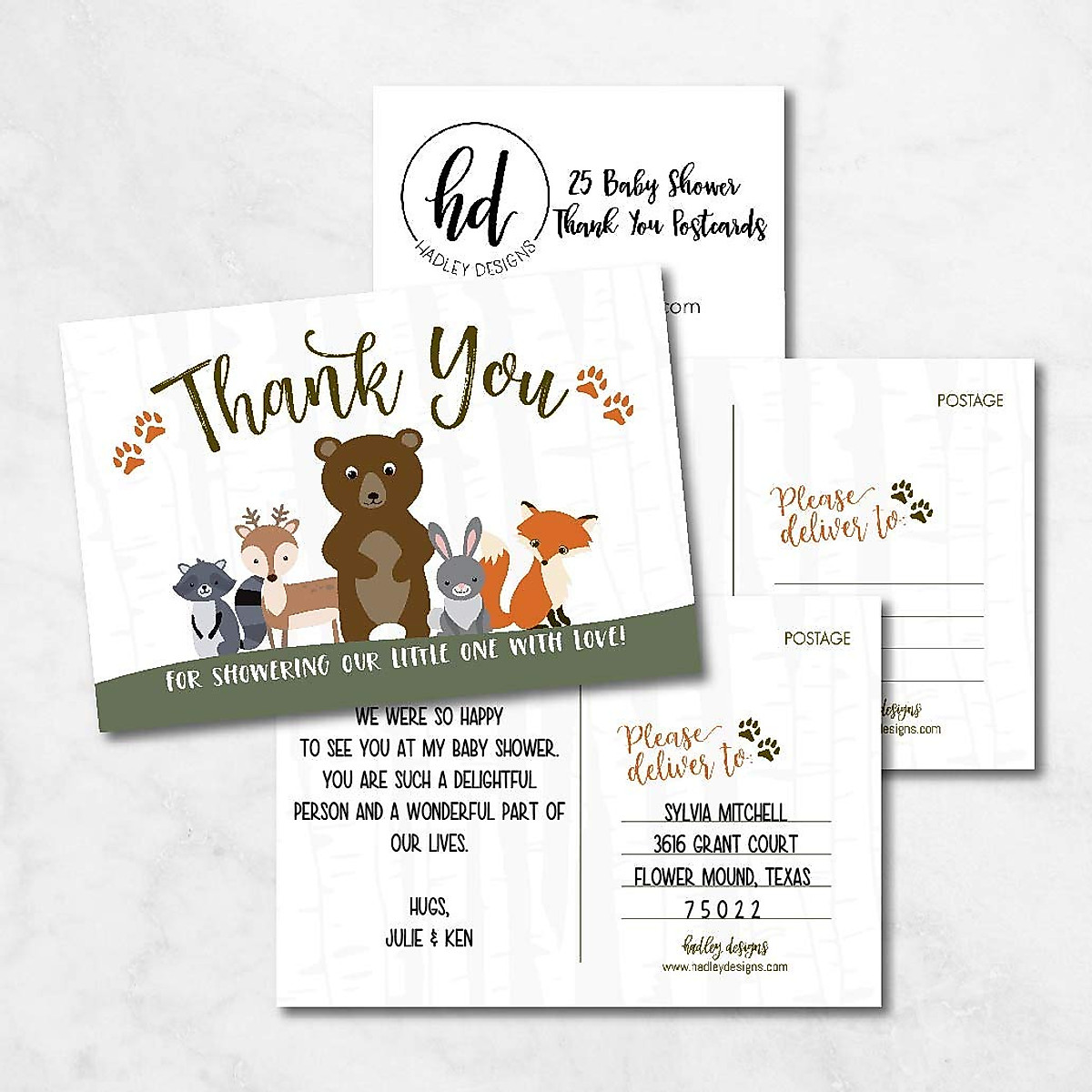 25 Girl or Boy Woodland Baby Shower Thank You Note Card Bulk Set, Blank Cute Animals Gender Reveal Neutral Sprinkle Postcards, No Envelope Needed For Party Gift, Personalize Printable Cardstock