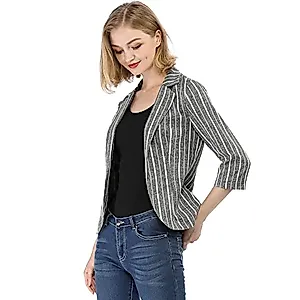 Allegra K Women's Striped 3/4 Sleeves Open Front Notched Lapel Blazer M Black