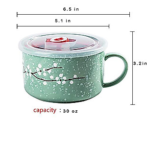 GQHNLUP 4 Pack 30oz Ceramic Bowl with Lid and Handle,Cherry Blossoms Among Snow Flake Pattern,Floral Handpainted Stoneware Bowl for Microwave Dishwasher