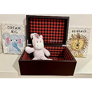 Large Oak Wooden Keepsake Box - Storage Box Lined with Buffalo Plaid - Wooden boxes with Hinged Lid - Decorative Box for Home Jewelry Baby (Hinge Box)