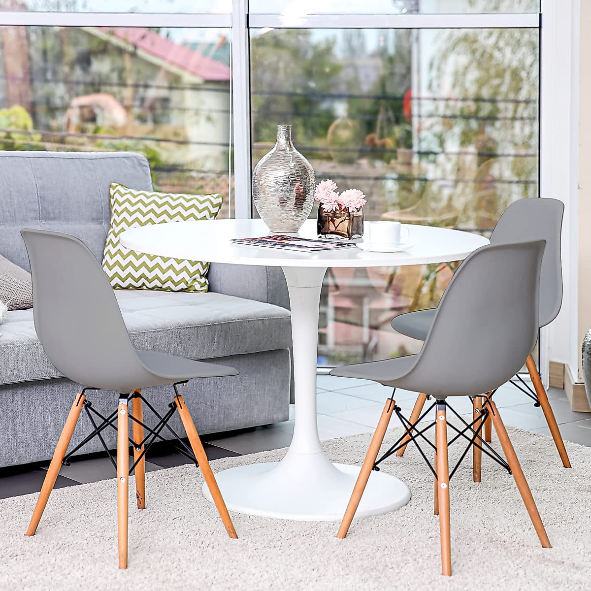 Lifetime Home Mid-Century Modern Dining Chairs Set of 2 - DSW Boho Style Plastic Chair for Living Room Bedroom Office Table Kitchen - Shell Lounge Chair with Wood Legs - Gray