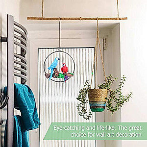 YARNOW Patio Home Garden Hanging Macaw Parrot Perching on Branch in Metal Round Ring Figurine Sculpture Nature Lovers Tropical Bird Collectors Decor Red Blue