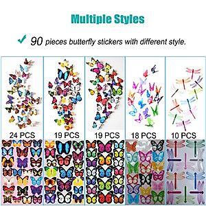 Heansun 90 PCS Butterfly Wall Decals Dragonfly, 3D Butterflies Removable Mural Stickers Wall Stickers Decal for Home Room Bedroom Nursery Decor