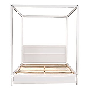 LCH Queen Size Wooden Platform Bed Frame with Headboard and Support Legs for Bedroom, White