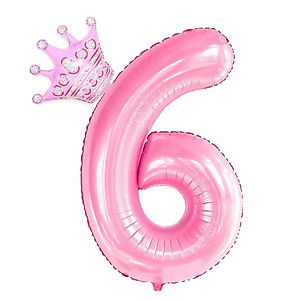 40 Inch Pink Number 6 Balloons With Crown,6th Birthday Decorations,Anniversary Party Supplies. (Pink 6)
