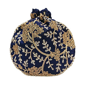 Truesellershop Indian Ethnic Designer Embroidered Silk Potli Bag Batwa Pearls Handle Purse Clutch Purse for Women (Navy Blue)
