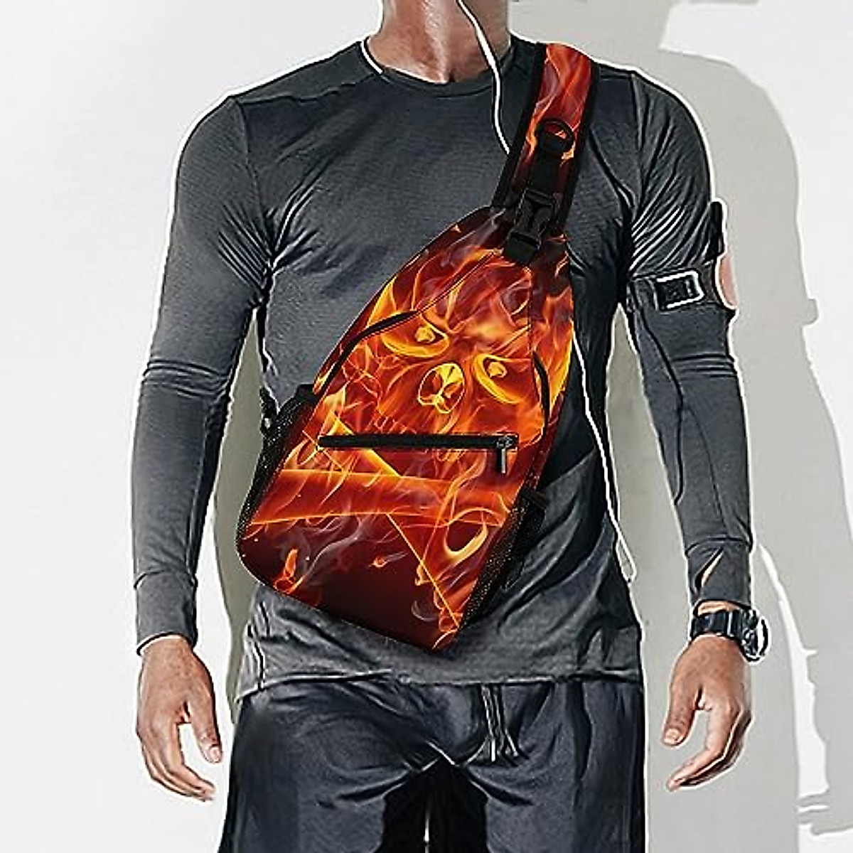 Meaudiwes Traveling Running Casual Chest Bag, Phone Bag, Day Pack Cross Body Sling Backpack For Sports Hiking Compatible with Fire Flaming Skull Crossbones