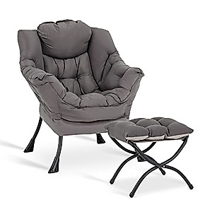 LITA Modern Lazy Chair with Ottoman, Accent Contemporary Lounge Chair Single Leisure Upholstered Sofa Chair Set with Armrests and a Side Pocket, Reading Chair for Living Room & Bedroom, Dark Grey
