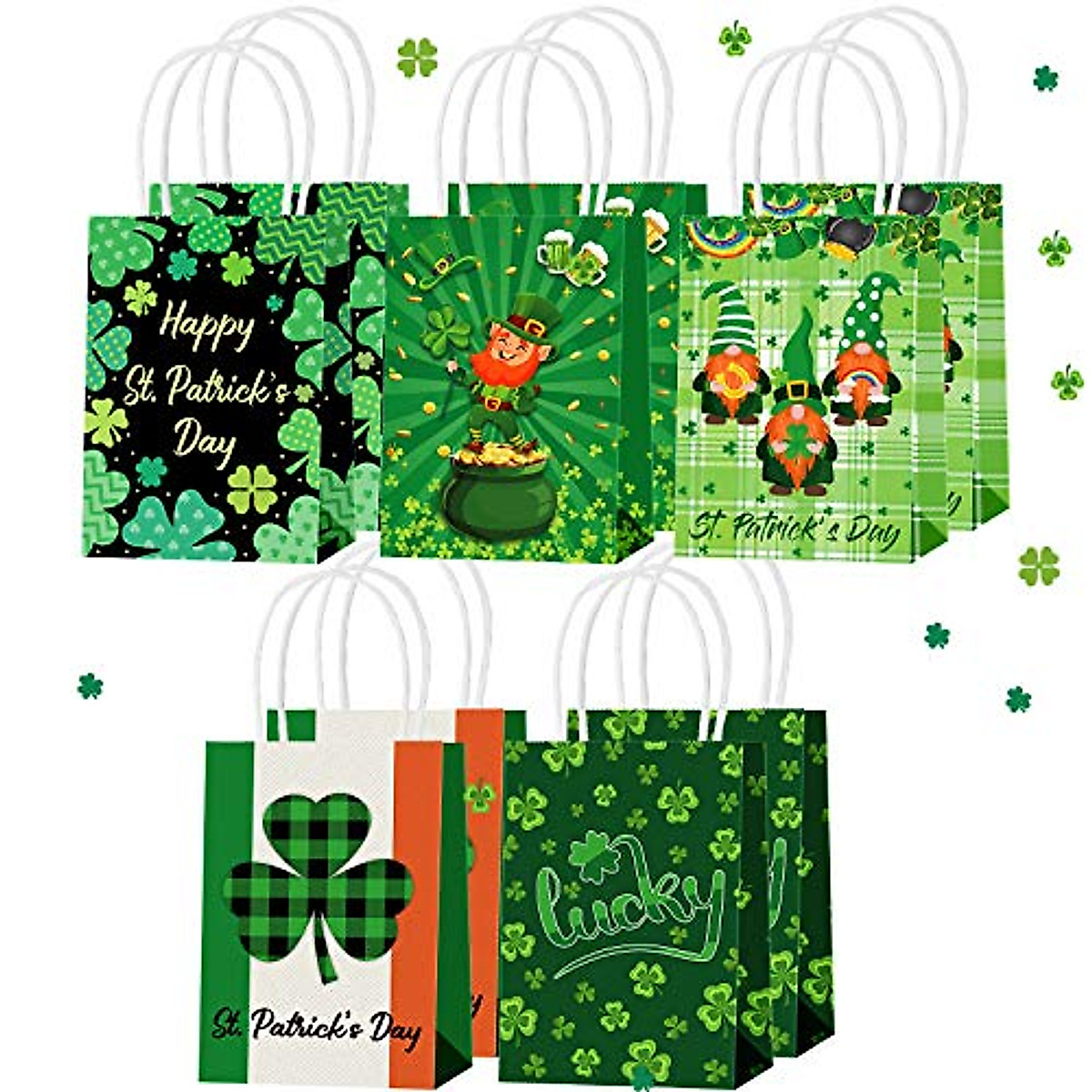 St. Patrick's Day Craft Gift Bags Irish Clover Holiday Paper Bags Kraft Treat Bags Mini Candy Bags Assortment Shamrock Wrapping Bags for Kids Classroom Party Favors Supplies (10 Pcs)
