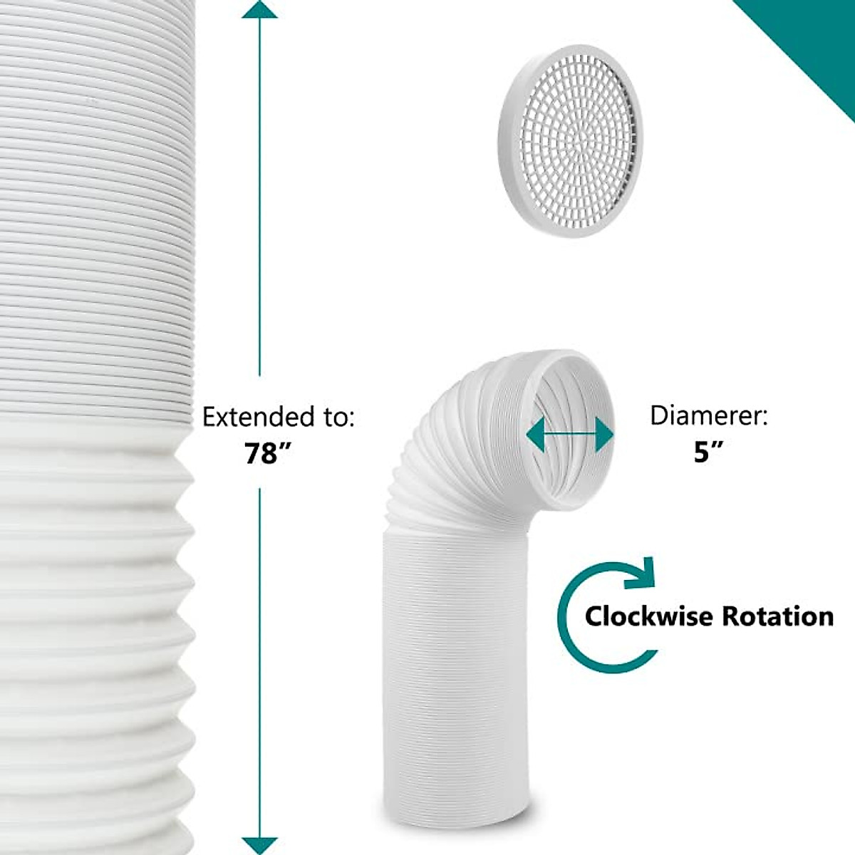 Daisypower Portable Air Conditioner Exhaust Hose 5 Inch Diameter Clockwise Thread 80 Inch Length Replacement AC Tube,Universal Compatible with Honeywell,Winter,LG,Delonghi,White