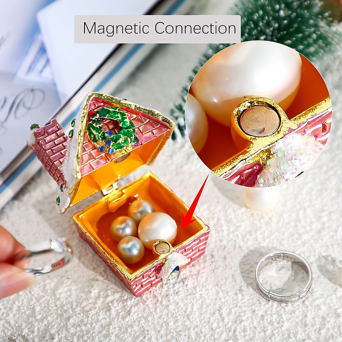 YU FENG Christmas House Figurine Trinket Boxes Hinged Rhinestones Jeweled Enamel Jewelry Ring Ornament Metal Colorful Box