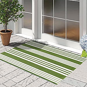 Green and White Striped Outdoor Rug 24'' x 35'' Door Mat Outdoor Machine Washable Welcome Mats Cotton Hand-Woven Entryway Rug for Front Porch/Entryway/Laundry/Bathroom/Bedroom