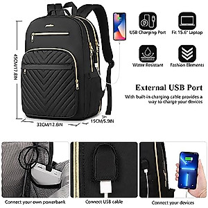 YAMTION Laptop Backpack Women,School Backpack for Women USB Bookbag for Business Work Office College Students Teacher,Black 15.6 inch