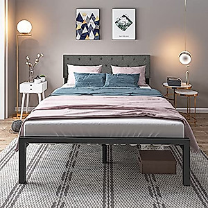 YITAHOME Queen Bed Frame with Upholstered Headboard, Platform Bed Frame with Metal Slats, Diamond Stitched Square Headboard, Adjustable Height, No Box Spring Needed (Queen)