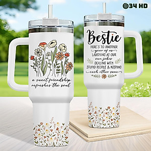 34HD 40oz Bestie Tumbler with Handle and Straw, Vacuum Insulated Friend Coffee Mug with Quote, Anniversary, Birthday Gifts for Best Friend, Coworkers, Sisters, Women