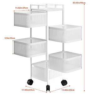 loyliawa Fruit Basket for Kitchen, Rotating Storage Rack for Kitchen, 4/5 Tier Square Rotating Basket with 360 Degree Wheels, Fruit Vegetable Metal Wire Shelf with Top Lid for Kitch White 5-Layers