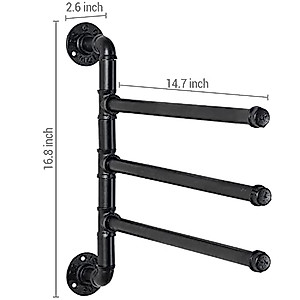 MyGift Wall Mounted Bathroom Towel Rack, Black Metal Industrial Pipe Design Swivel 3 Bar Towel Rack