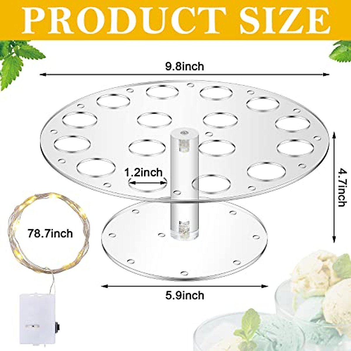 2 Pack LED Ice Cream Cone Holder with Lights 16 Holes Acrylic Ice Cream Cone Display Stand Waffle Cupcake Sugar Cone Cotton Candy Cones Display Rack for Birthday Weddings Parties Anniversaries