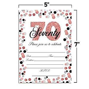 Amanda Creation Confetti Rose Gold Polka Dot 70th Birthday Party Invitations, 20 5x7 Fill-In Cards with Twenty White Envelopes