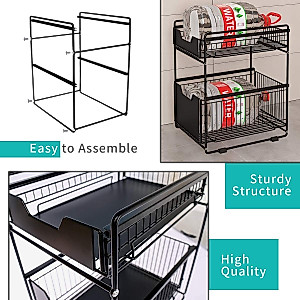 KirinRen Stackable 2-Tie Under Sink Cabinets Organizer With Sliding Storage Drawer, Pull Out Cabinets Organizer Shelf, Sliding Basket Organizer Drawer For Kitchen, Bathroom, Office (black)