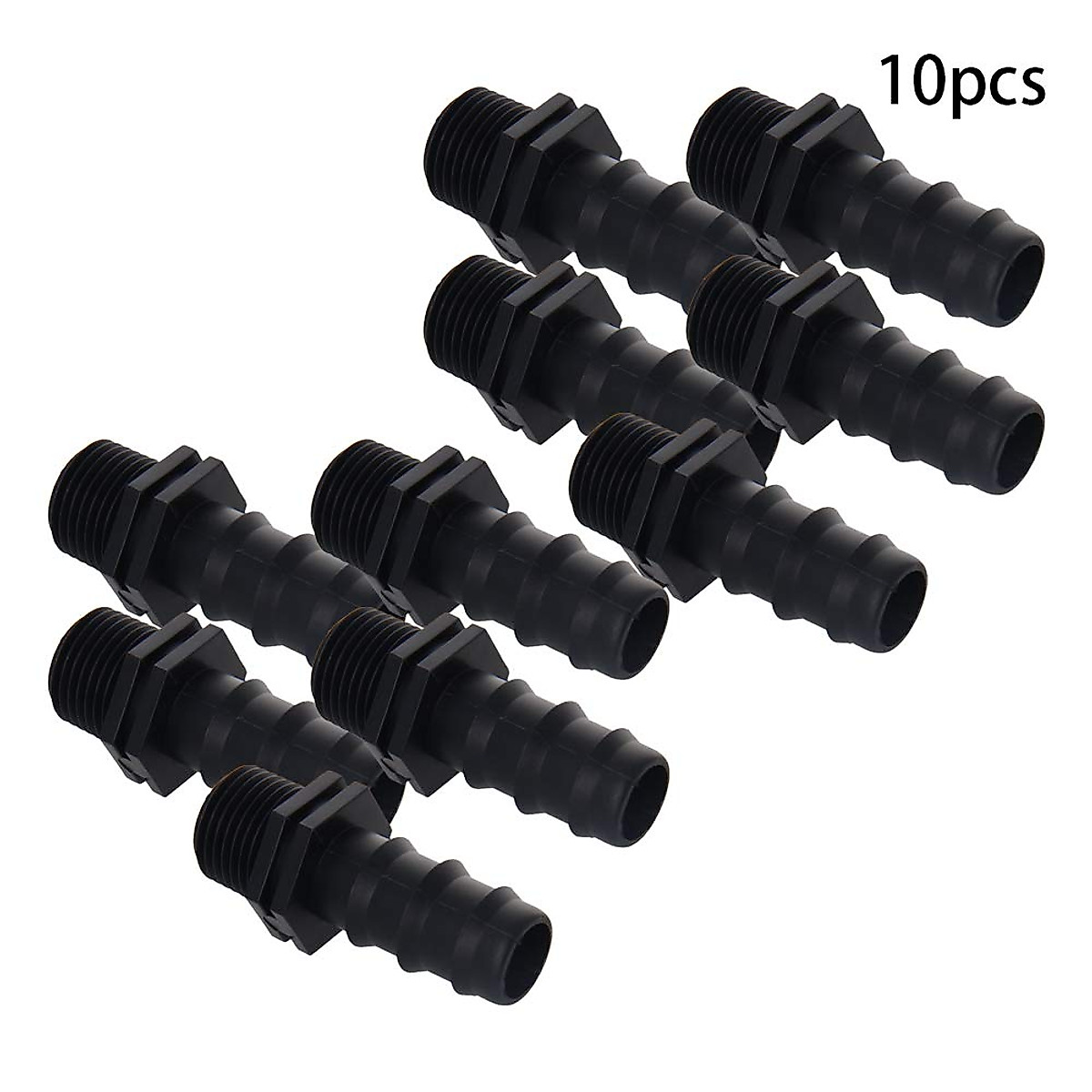 MroMax 10Pcs Drip Irrigation Fittings 1/2" Male Thread Barbed Pipe Connectors External Socket Hose Fitting for Garden Lawn Agricultural Irrigation System Plastic Black, 2.36" length