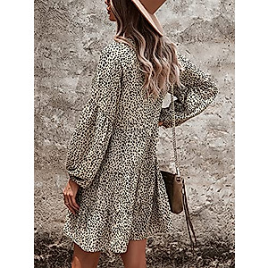 TEMOFON Womens Long Sleeve Fall Dress: Leopard Printed Tunic Casual Loose V Neck Fall Flowy Mini Dresses Khaki L