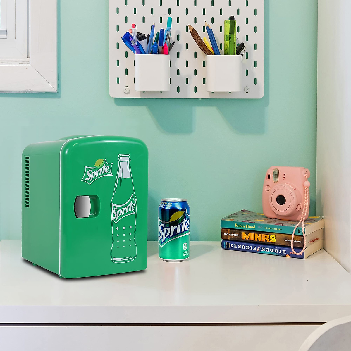 Sprite 4L Mini Fridge 6 Can Portable Cooler Warmer Personal Travel Refrigerator for bedroom skincare room car Office makeup Cosmetics beverage Snacks Lunch Drinks Cords Desk Home Dorm Green