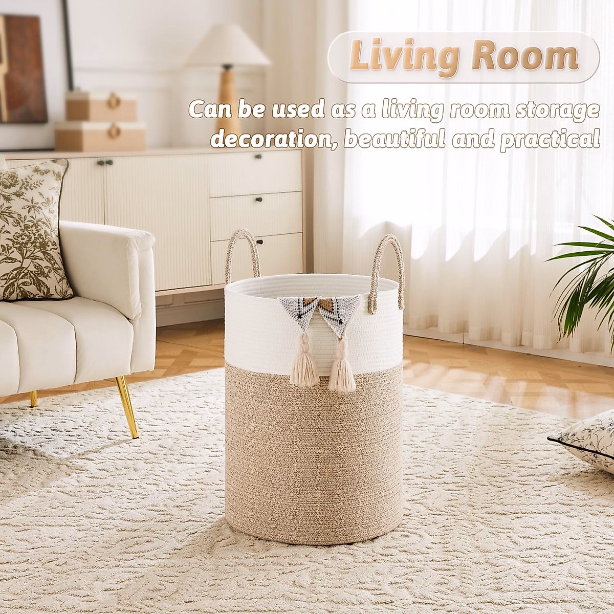 Artfeel Laundry Basket,Woven Cotton Rope Laundry Hamper,60L for Decor Storage of Dirty Clothes,Toys and Blankets in Bathroom,Baby Room and Living Room