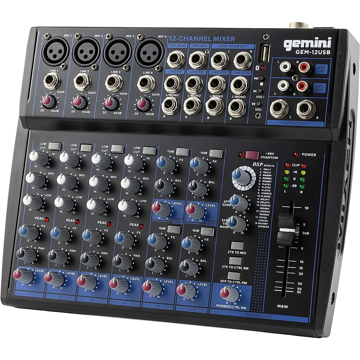 Gemini Sound GEM-12USB | 12-Channel Professional Bluetooth Audio Mixer with On-Board Multi-FX, USB MP3 Playback, and High-Quality Preamps for Dynamic Live Sound Mixing