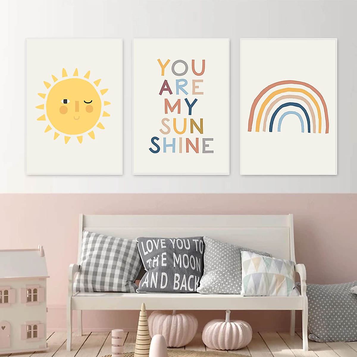 You Are My Sunshine Wall Art 3 Piece Boho Nursery Wall Art Rainbow Art Wall Decor Nursery Art Prints for Kids Room Nursery Pictures for Baby Girls Room Decor 12x16 Inch Unframed