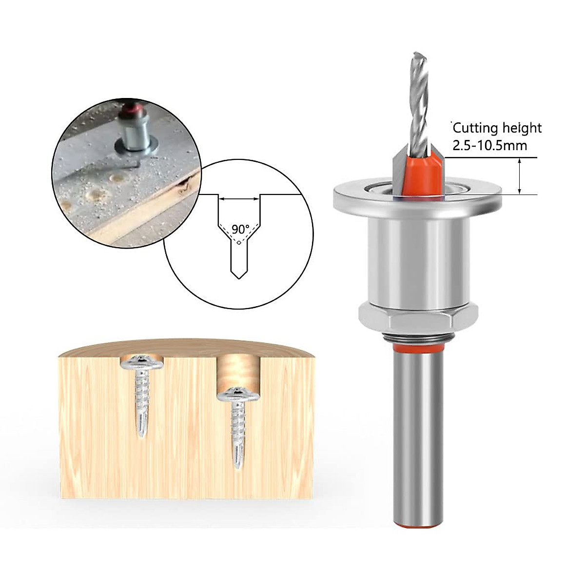 Wilsnsun Carbide Tipped 90° Countersink with Adjustable Low Friction Depth Stop,Multifunctional Round Shank Bore Woodworking Drill Bit,Taper Drill Bit,Counterbore Drill Bit （Dia3.0mm Drill ）