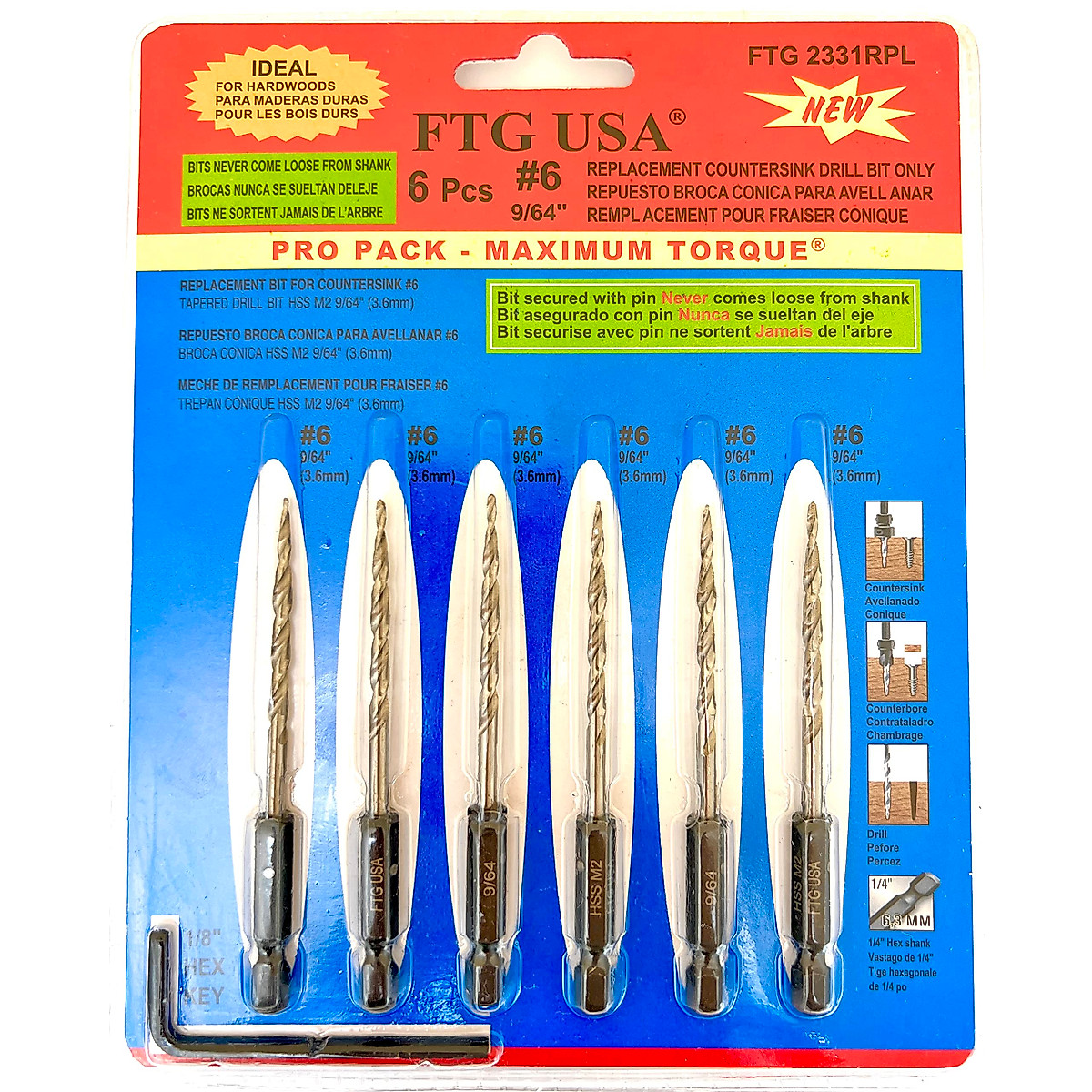 FTG USA Replacement Tapered Countersink Drill Bit Set 6 Pc (#6) 9/64"