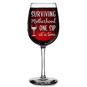 shop4ever Surviving Motherhood One Sip At A Time Engraved Stemmed Wine Glass Funny New Mom Gift (16 oz.)