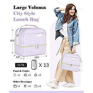 GLORIEROO® Lunch Bag Women Men, Large Insulated Lunch Box Tote Cooler - Stylish Vegan Leather 2 Tier Lunch Bag with Adjustable Shoulder Strap for Adults Travel Work, Purple