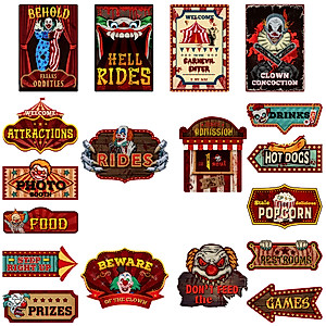 Harloon 18 Pcs Circus Party Signs Halloween Circus Sign Decor Circus Carnival Posters Circus Theme Cutouts Vintage Circus Party Decoration for Halloween Birthday Greatest Showman Themed Party Supplies